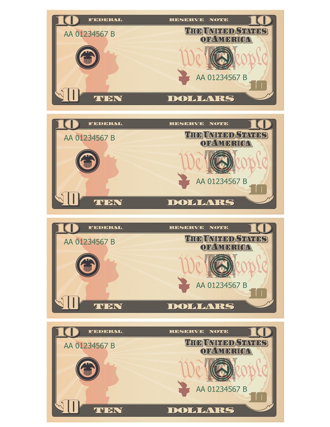 Dollar Bill Templates Printable Letter Page With 4 Real Size - Etsy