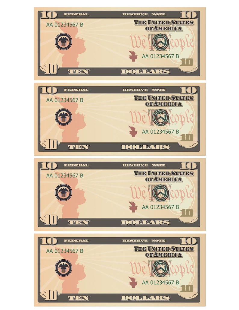 Dollar Bill Templates Printable Letter Page With 4 Real Size - Etsy ...