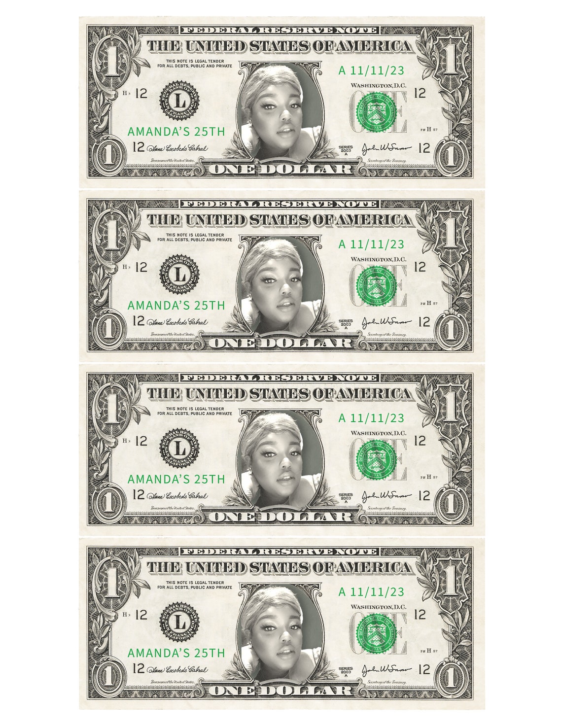 1 Dollar Bill Template - Letter Page With 4 Real Size Dollar Bills ...