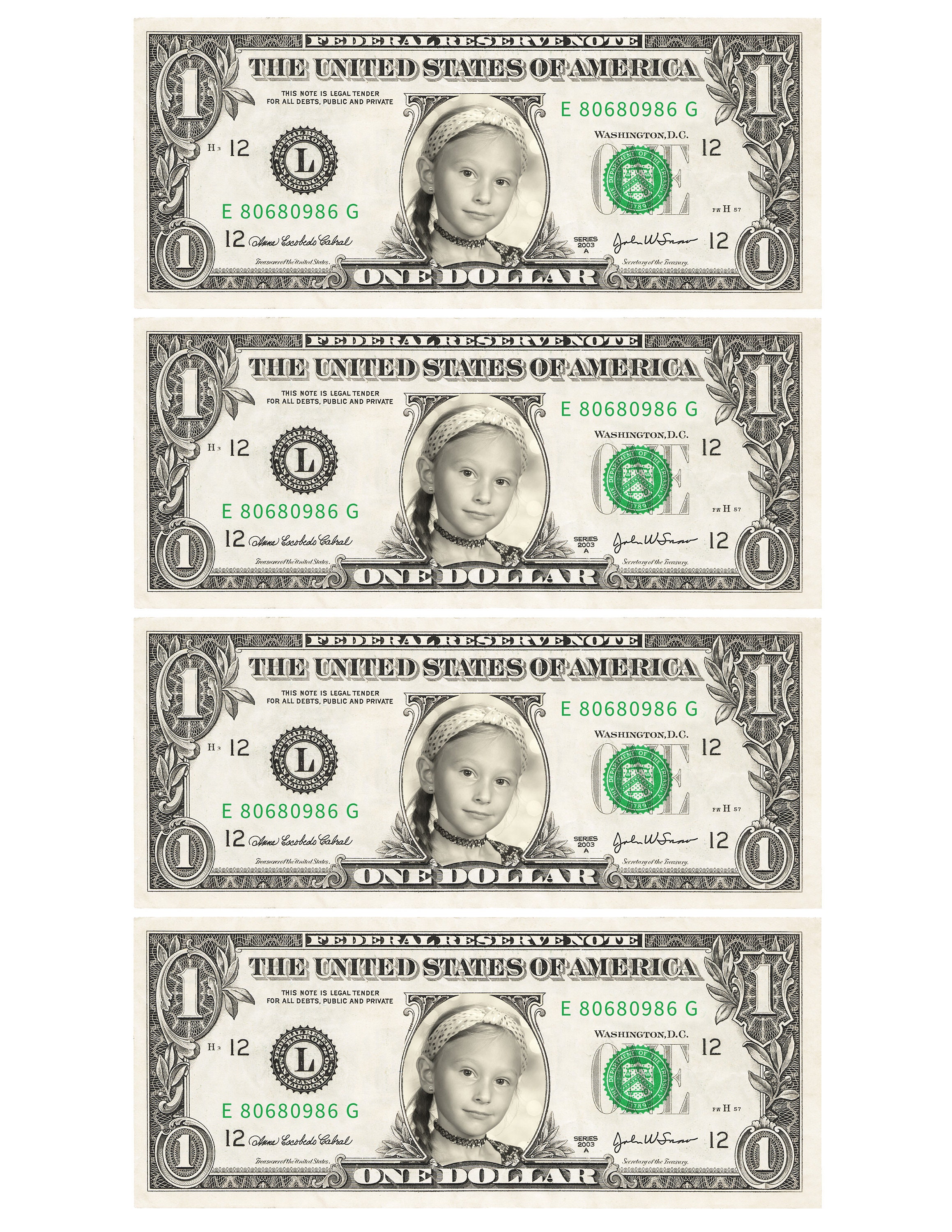 1 Dollar Bill Template - Letter Page With 4 Real Size Dollar Bills ...