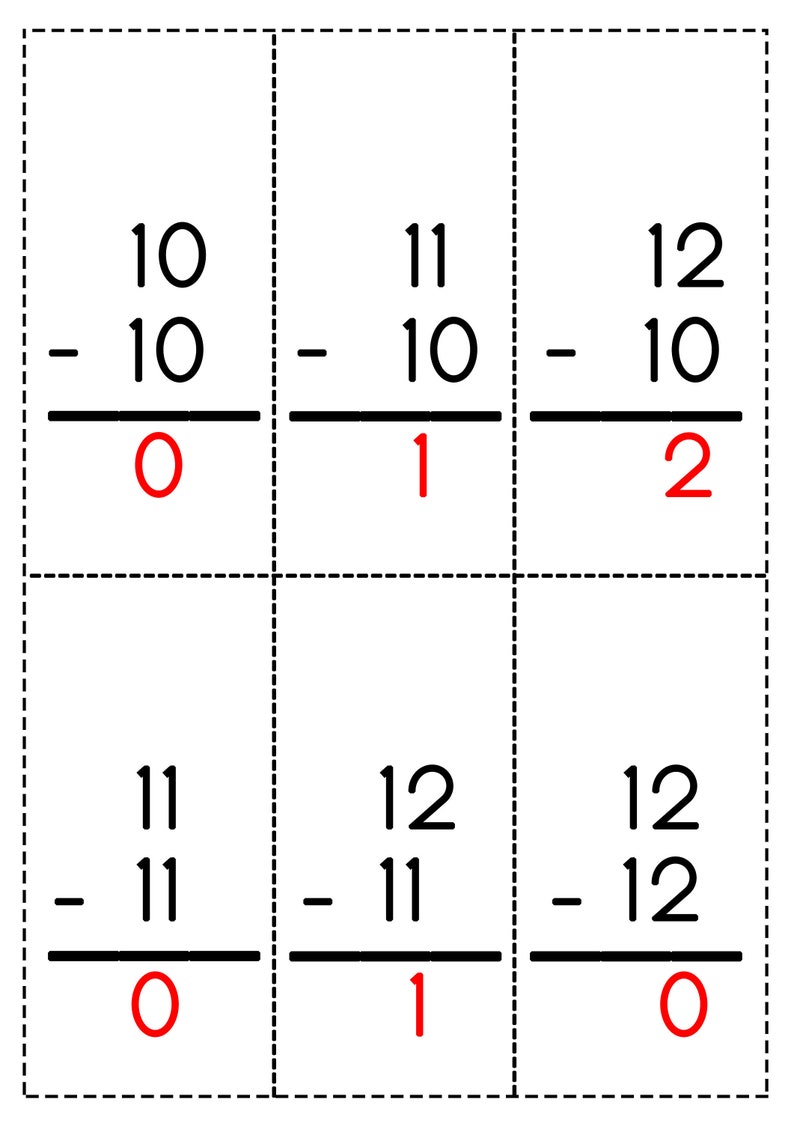 Subtraction Flash Cards up to 12 Math Cards - Etsy