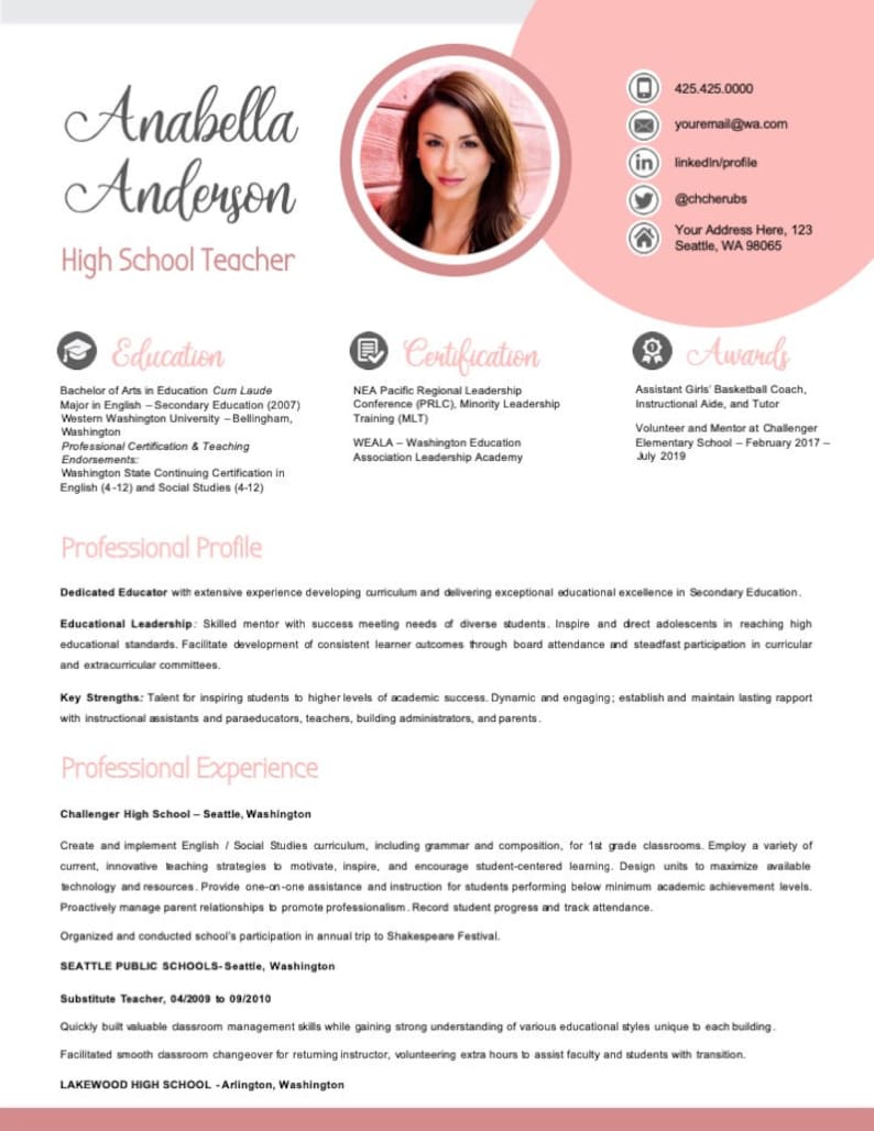 Professional Teacher Resume Template With Picture (2 Colors) | CV ...
