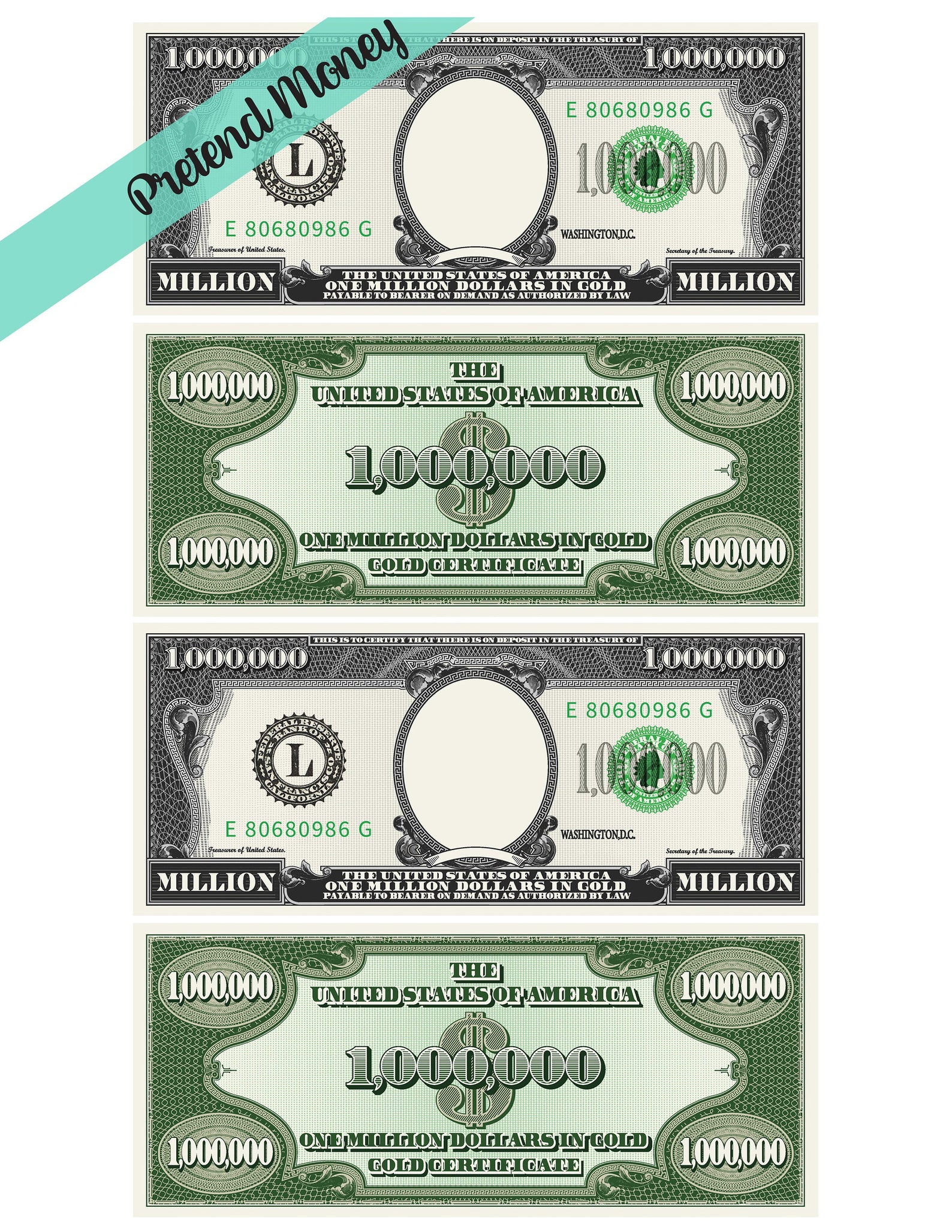 Million Dollar Bill Template - Letter Page With 4 Real Size Dollar ...