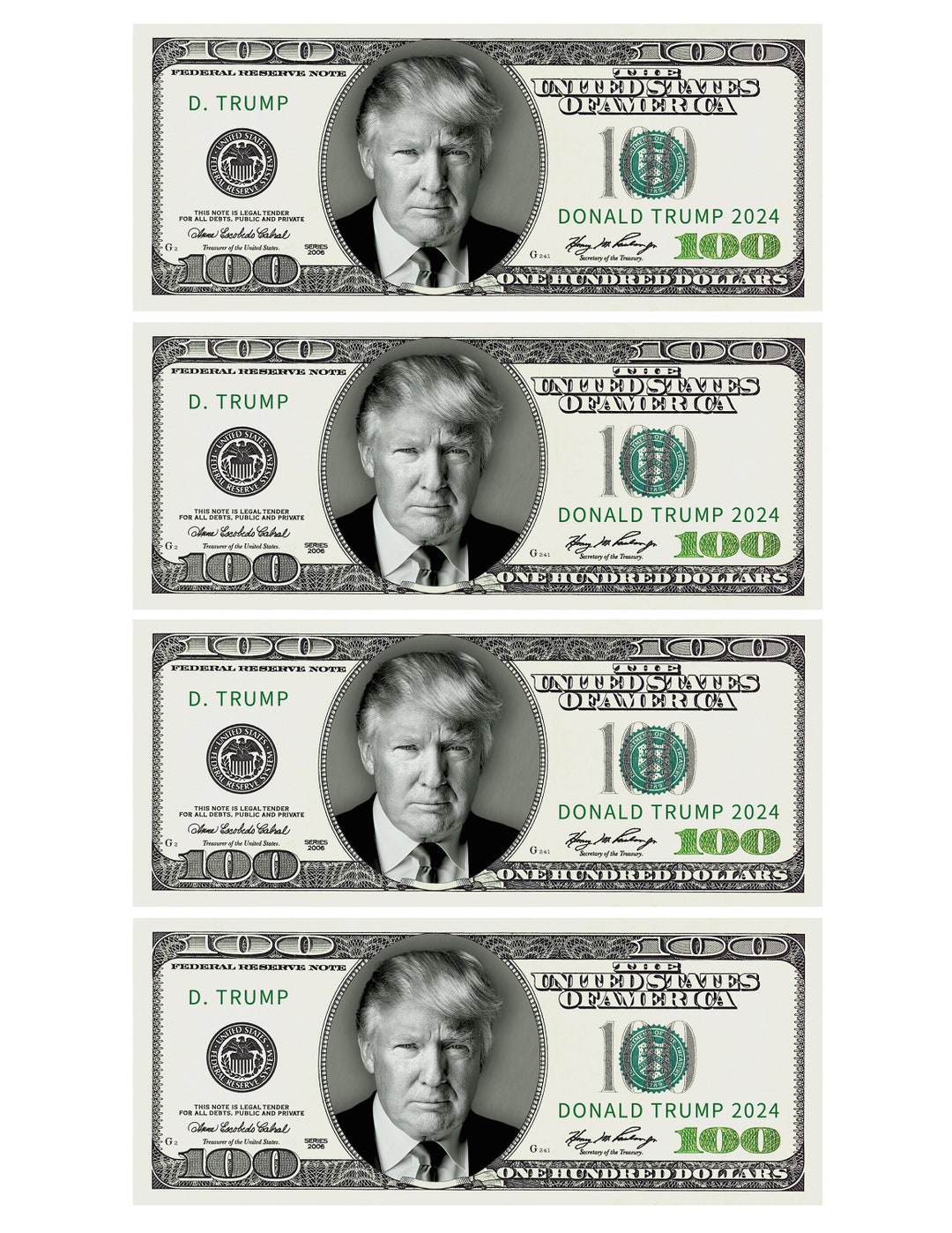 Donald Trump 100 Dollar Bill - Letter Page With 4 Real Size Dollar ...