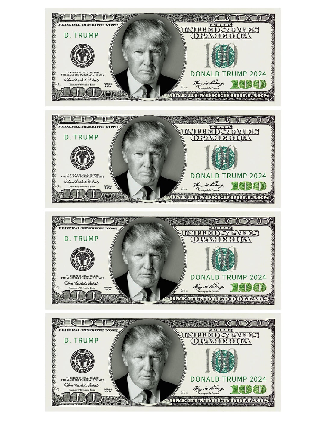 Donald Trump 100 Dollar Bill Letter Page With 4 Real Size Dollar Bills ...
