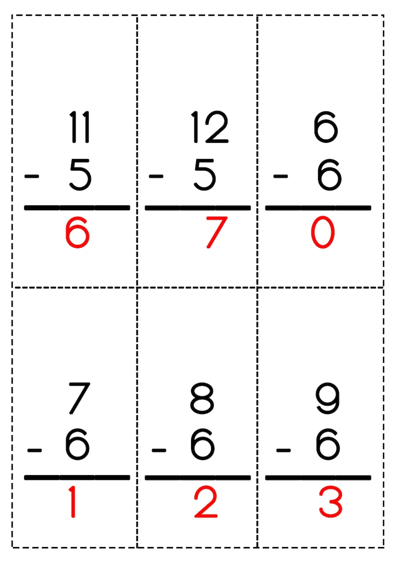 Subtraction Flash Cards up to 12 Math Cards - Etsy