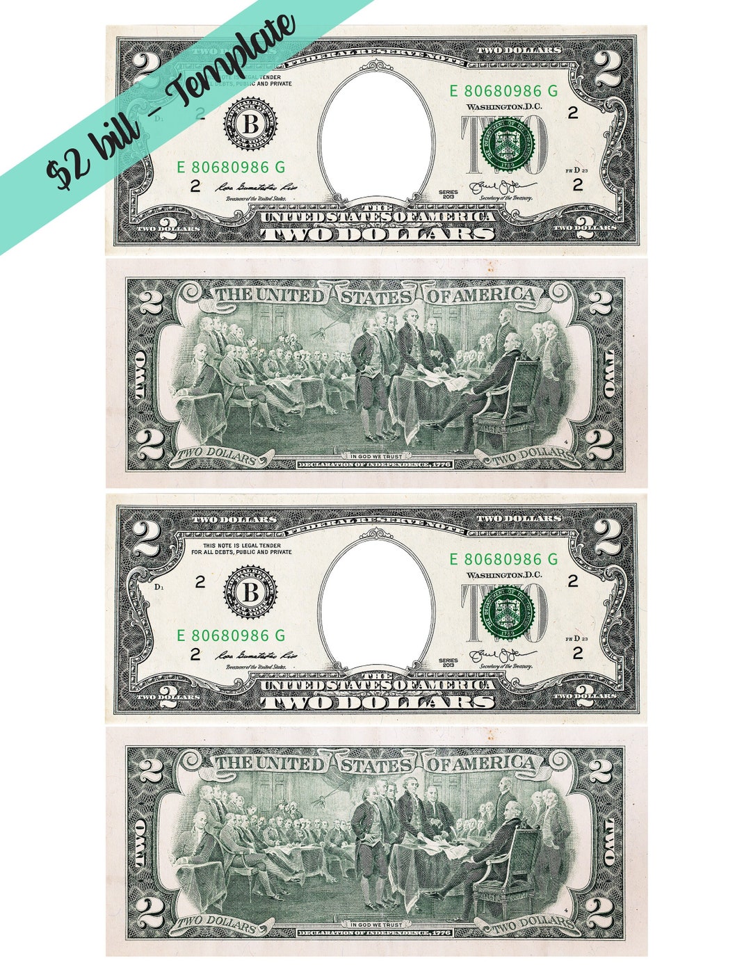 2 Dollar Bill Template - Letter Page With 4 Real Size Dollar Bills ...