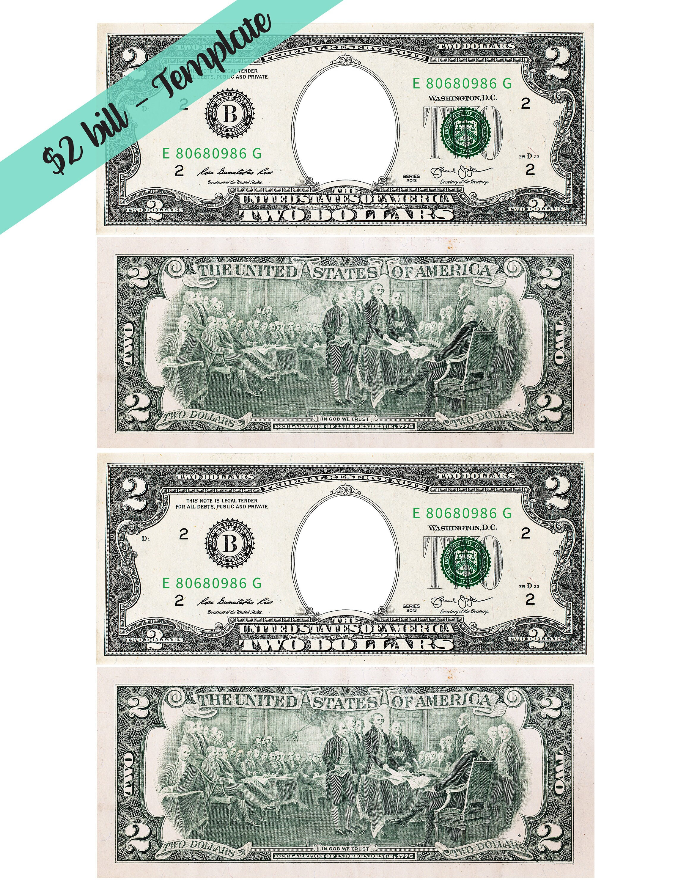 2 Dollar Bill Template - Letter Page With 4 Real Size Dollar Bills ...