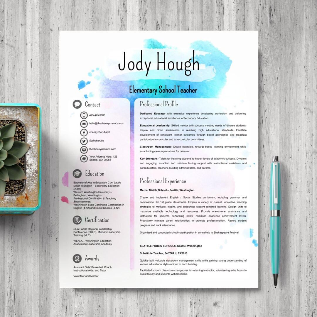 Teacher Resume Template With Picture (watercolor) | CV Template | MS ...