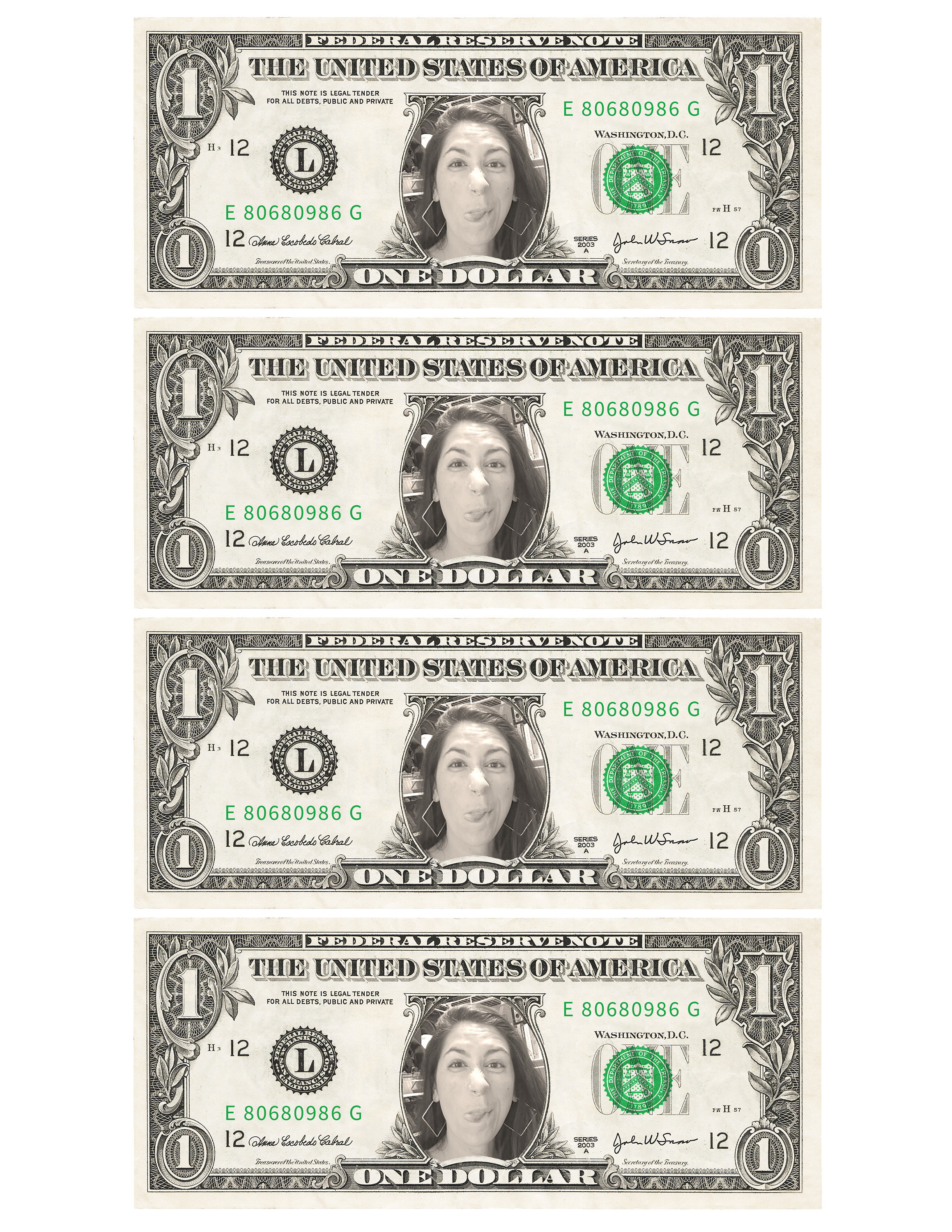 1 Dollar Bill Template - Letter Page With 4 Real Size Dollar Bills ...