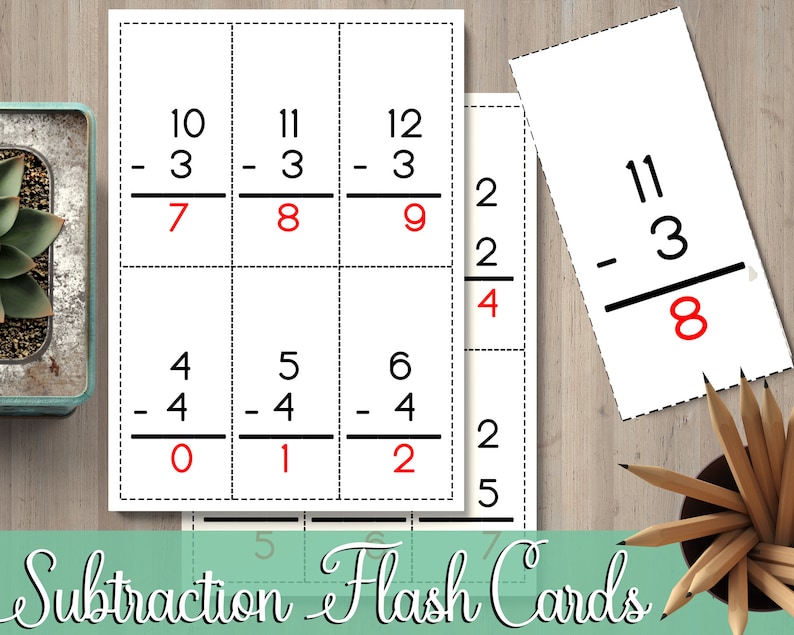Subtraction Flash Cards up to 12 Math Cards - Etsy
