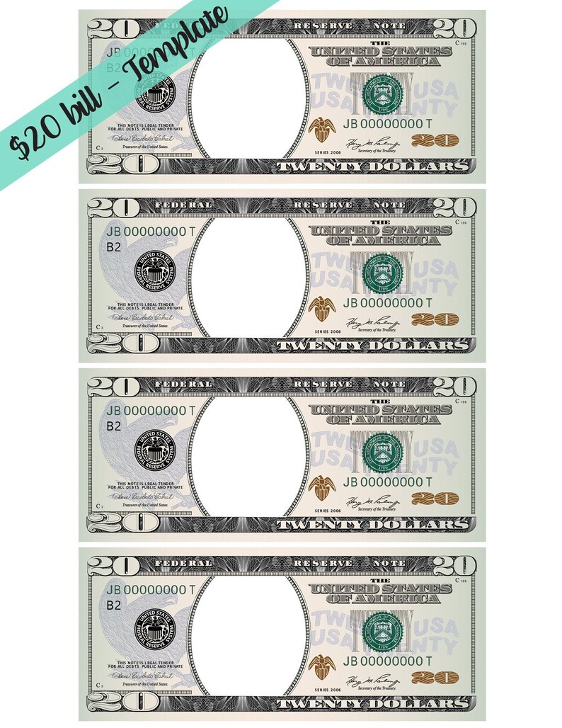 20 Dollar Bill Template Letter Page With 4 Real Size Dollar - Etsy