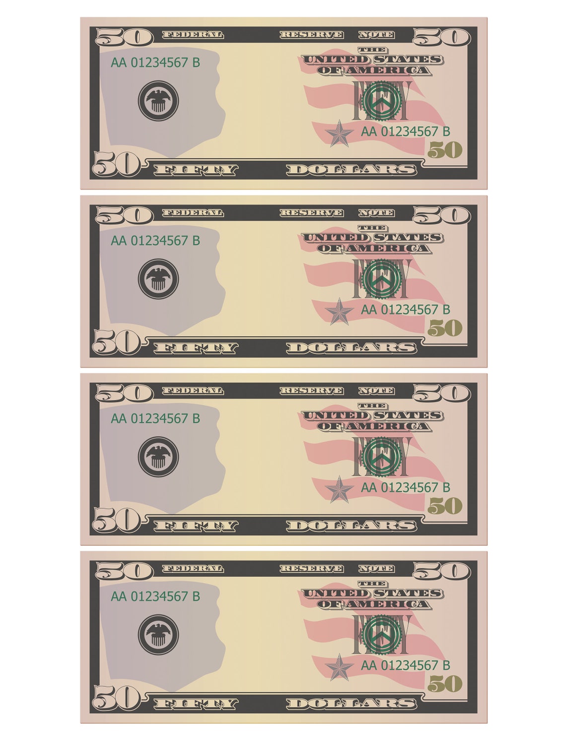 Dollar Bill Templates Printable Letter Page With 4 Real Size - Etsy