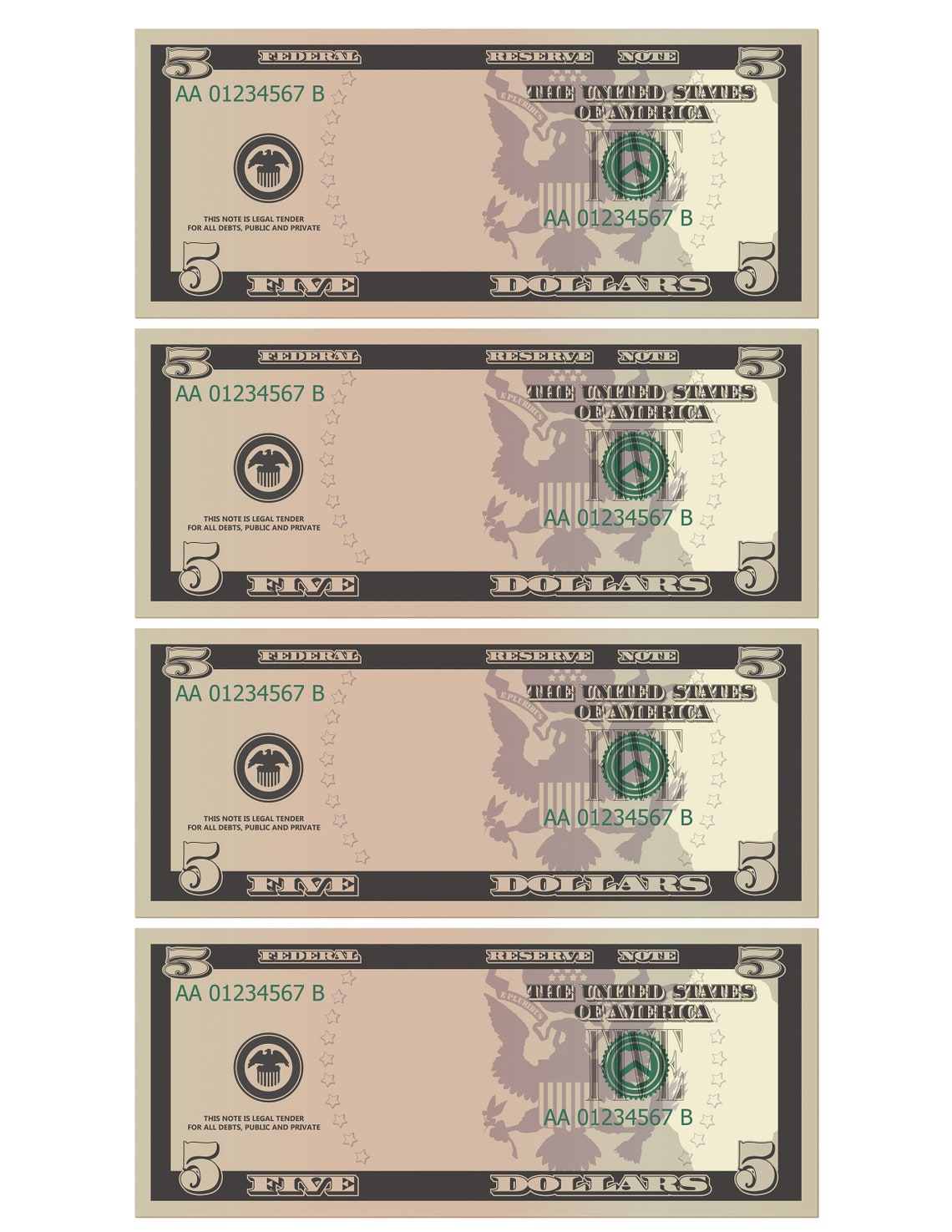 Dollar Bill Templates Printable Letter Page With 4 Real Size - Etsy Ireland