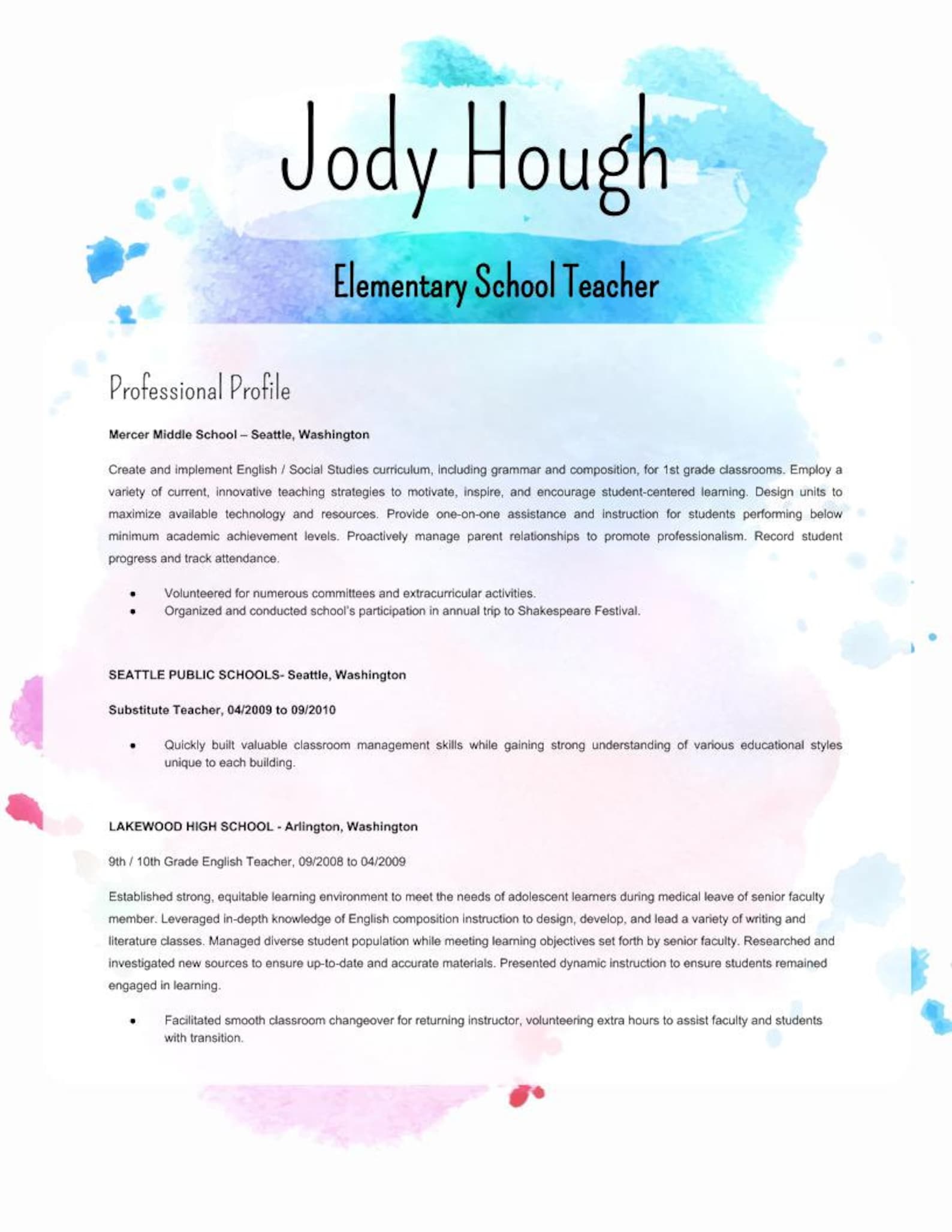 Teacher Portfolio Template watercolor Resume Template | Etsy