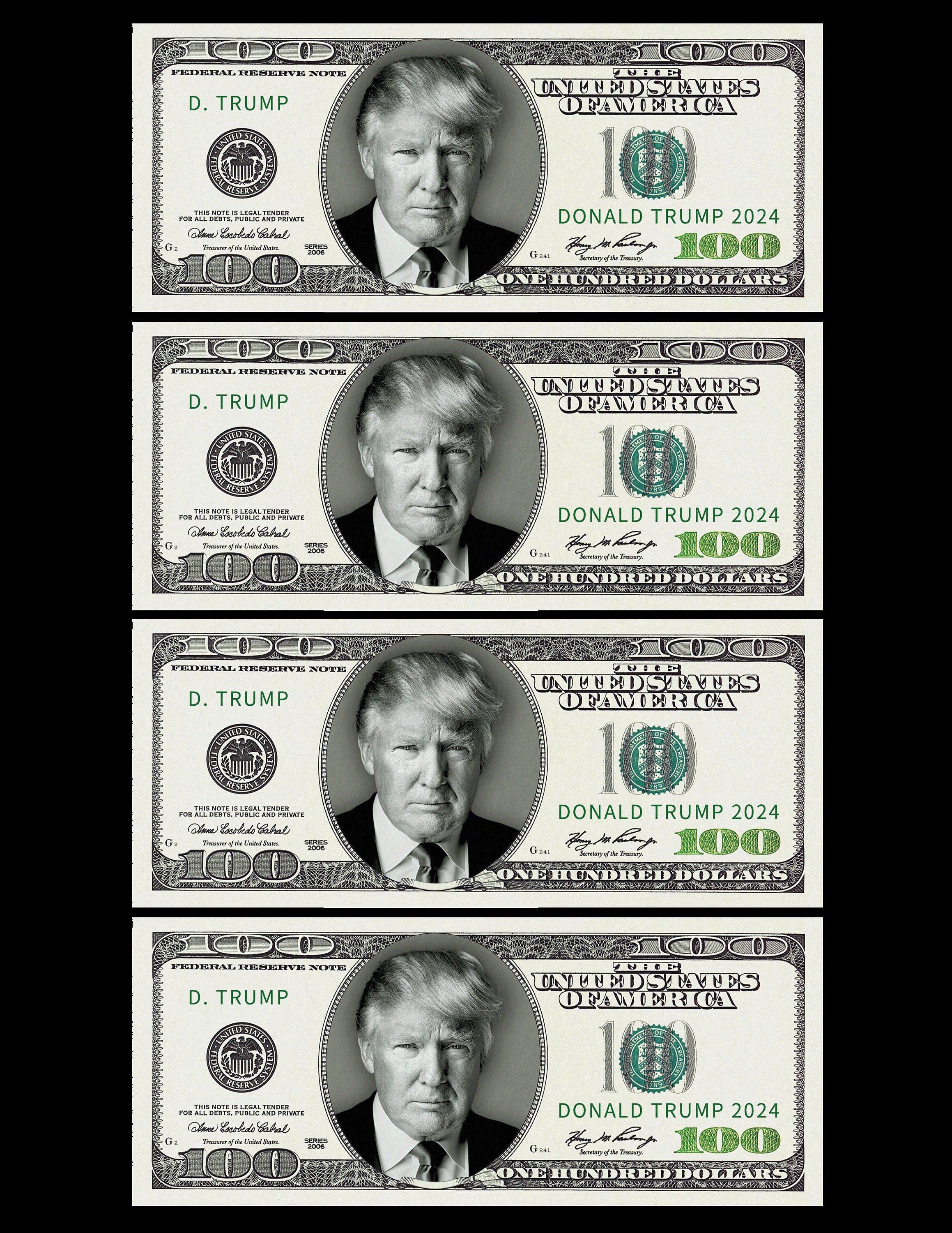 Donald Trump 100 Dollar Bill - Letter Page With 4 Real Size Dollar ...