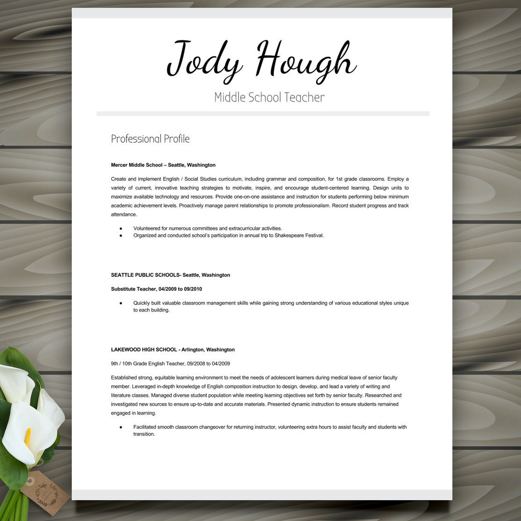 Teacher Resume Template With Picture classic CV Template - Etsy