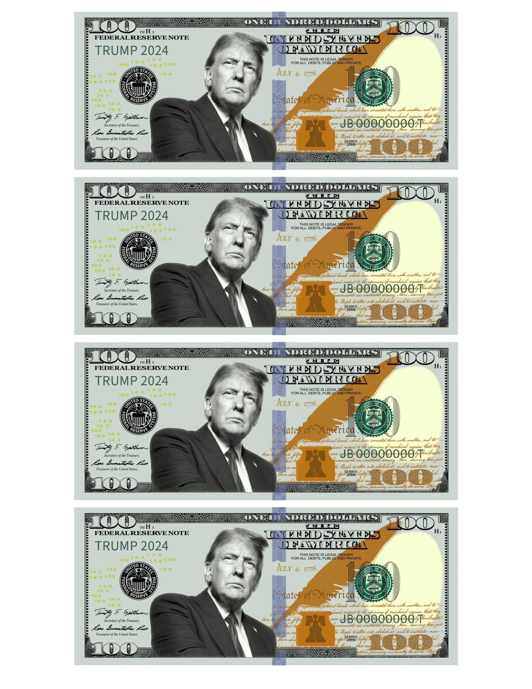 NEW Donald Trump 100 Dollar Bill - Letter Page With 4 Real-size Dollar ...