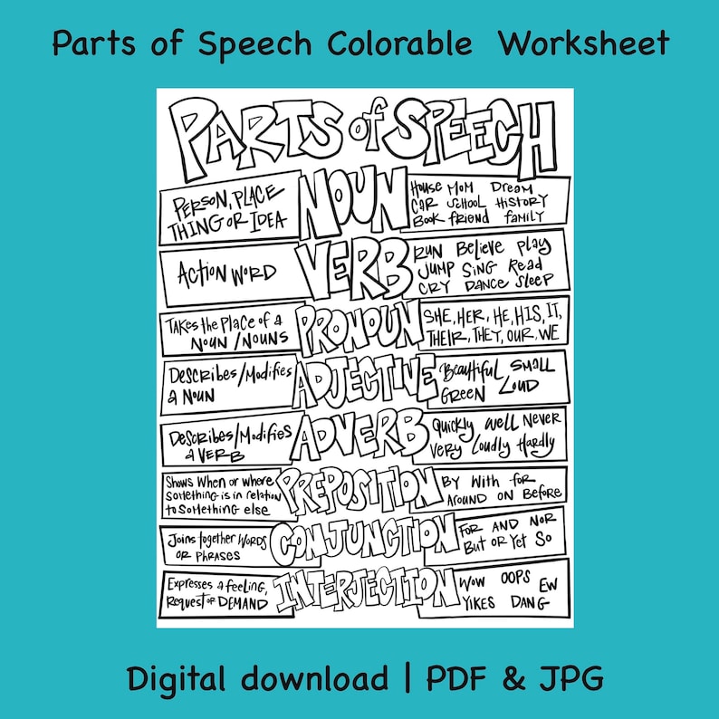 Parts of Speech Coloring Worksheets With Full Color Example | Grammar ...