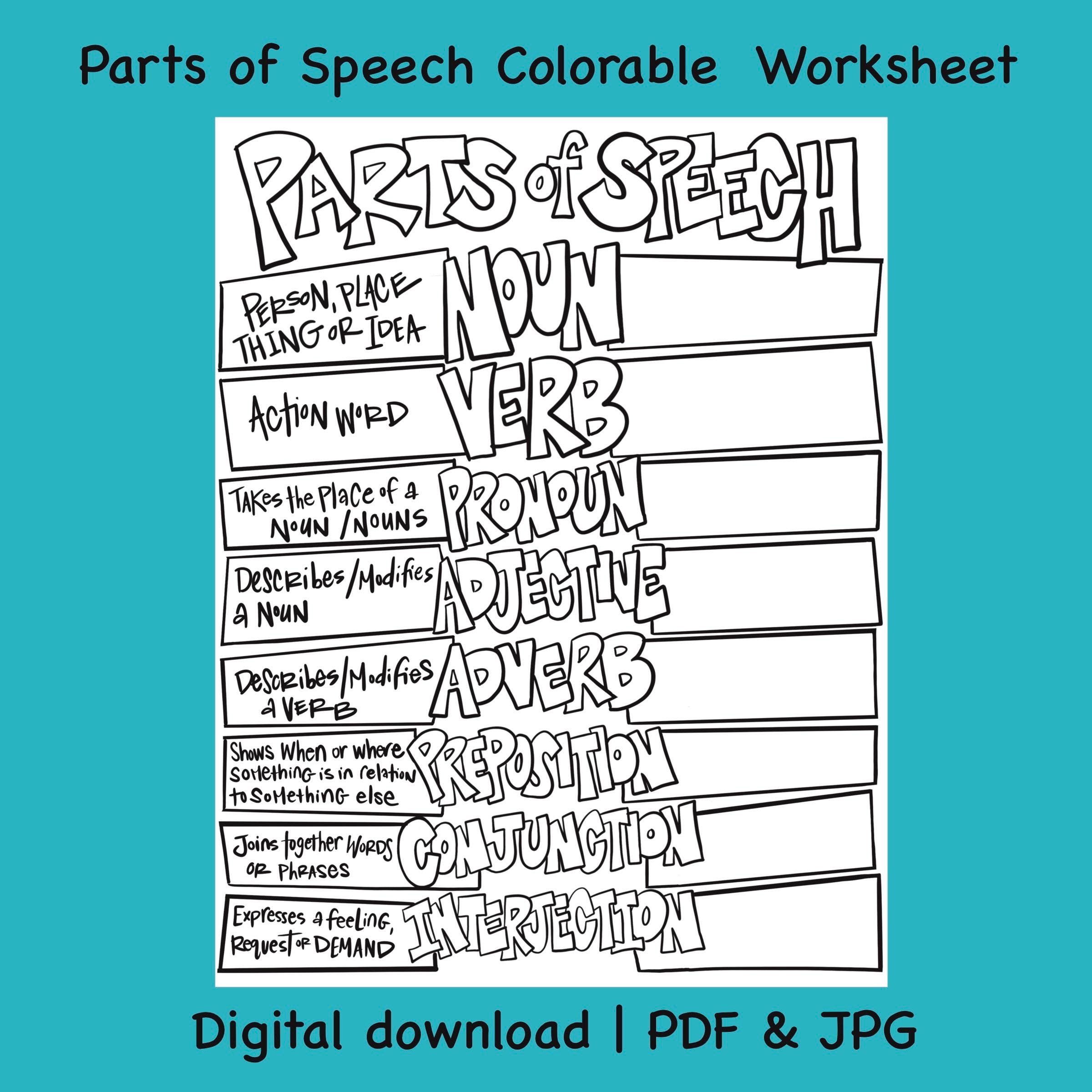 Parts of Speech Coloring Worksheets With Full Color Example | Grammar ...