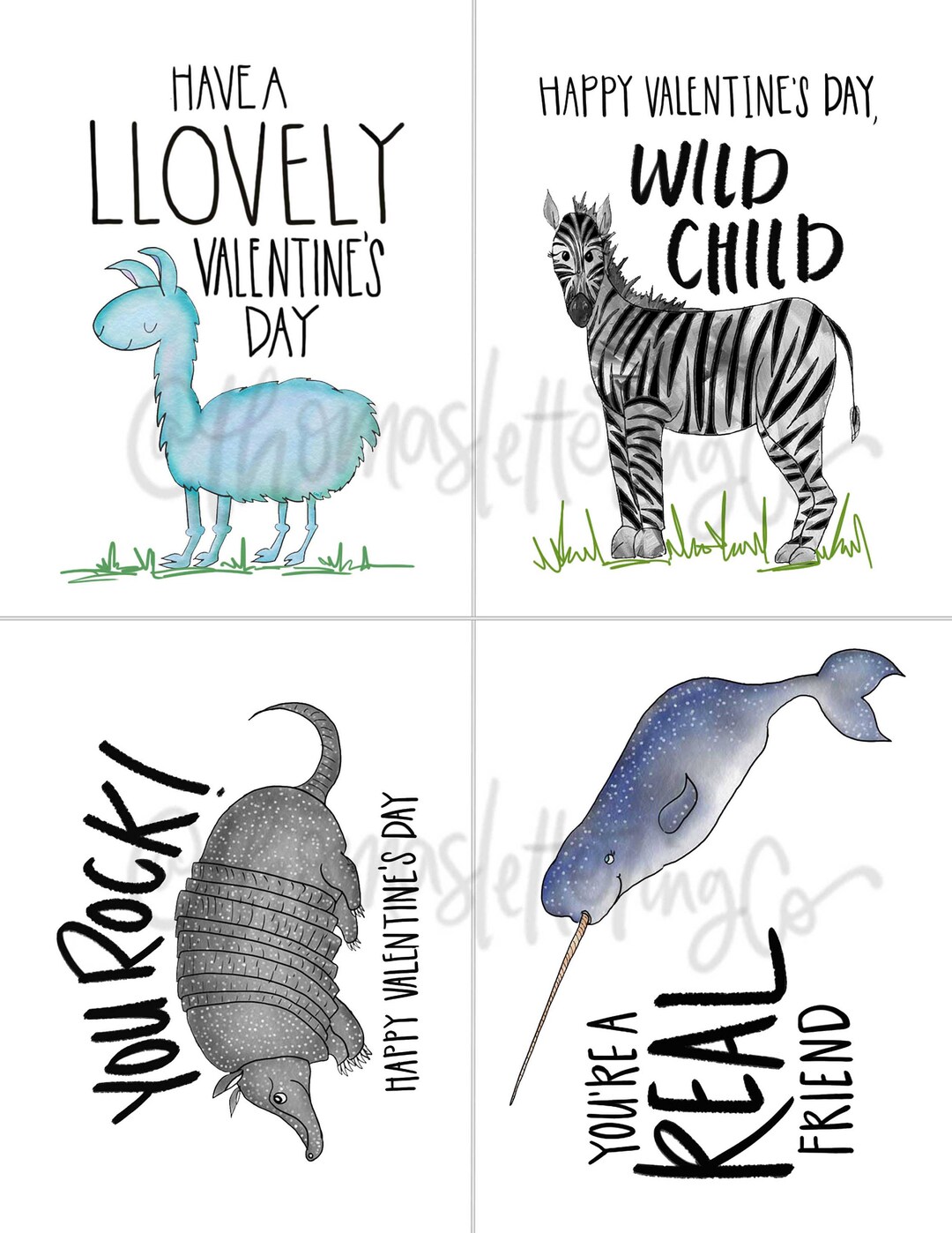 Animal Printable Valentines, Hand Drawn & Lettered, Instant Download ...