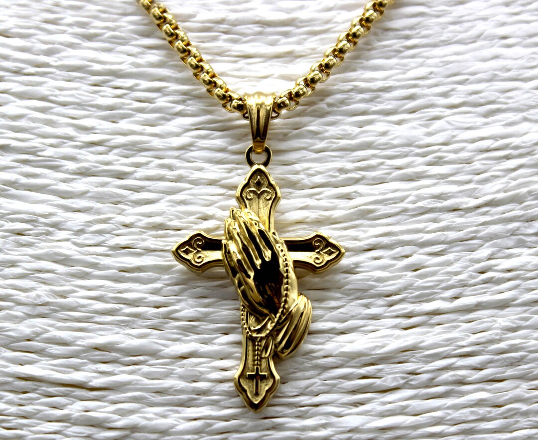Praying Hands Cross Necklace, Waterproof Stainless Steel Gold Mens Crucifix Pendant, Cross With ...