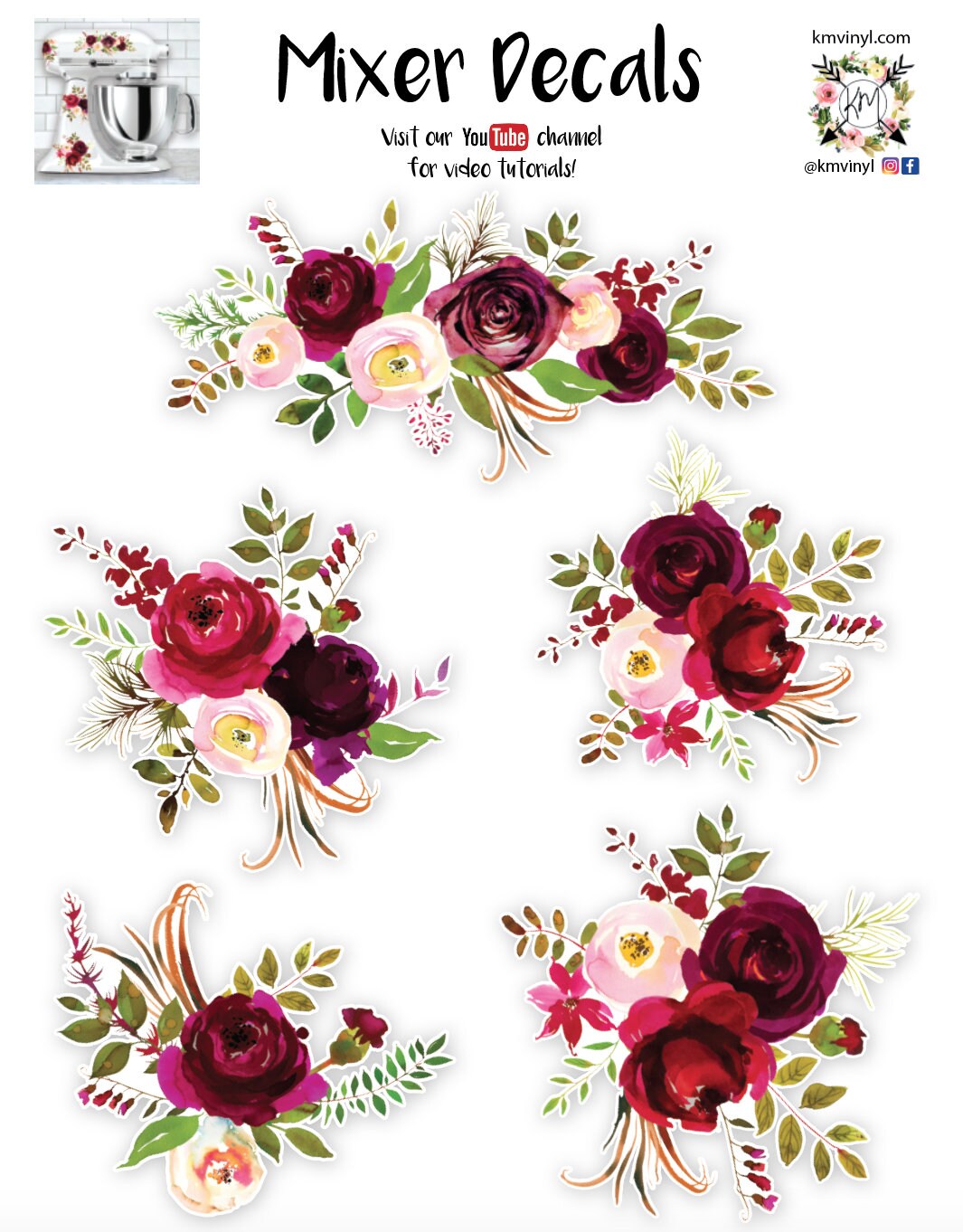 Burgundy Blush Floral Mixer Decals: Watercolor Flower Stickers - Etsy
