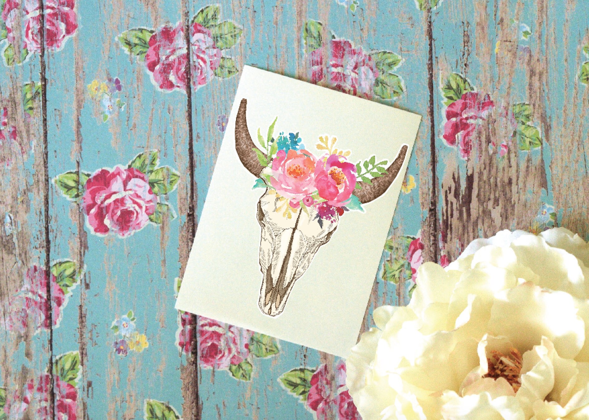 Steer Skull Sticker Peony Mixed Floral Tribal Skull Decal - Etsy