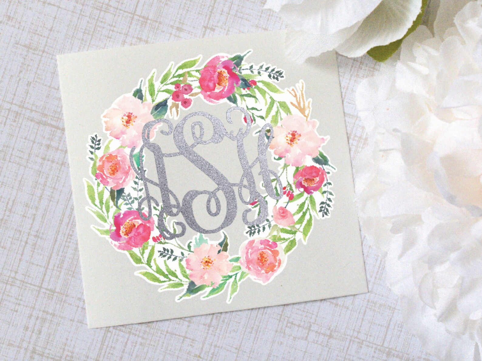Watercolor Flower Wreath Monogram Vinyl Decal - Etsy