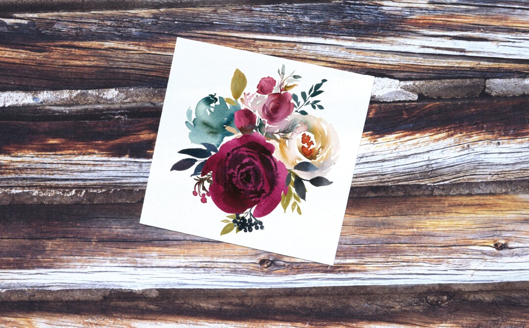 Maroon Navy Flower Bouquet Sticker | Watercolor Autumn Floral Tumbler ...