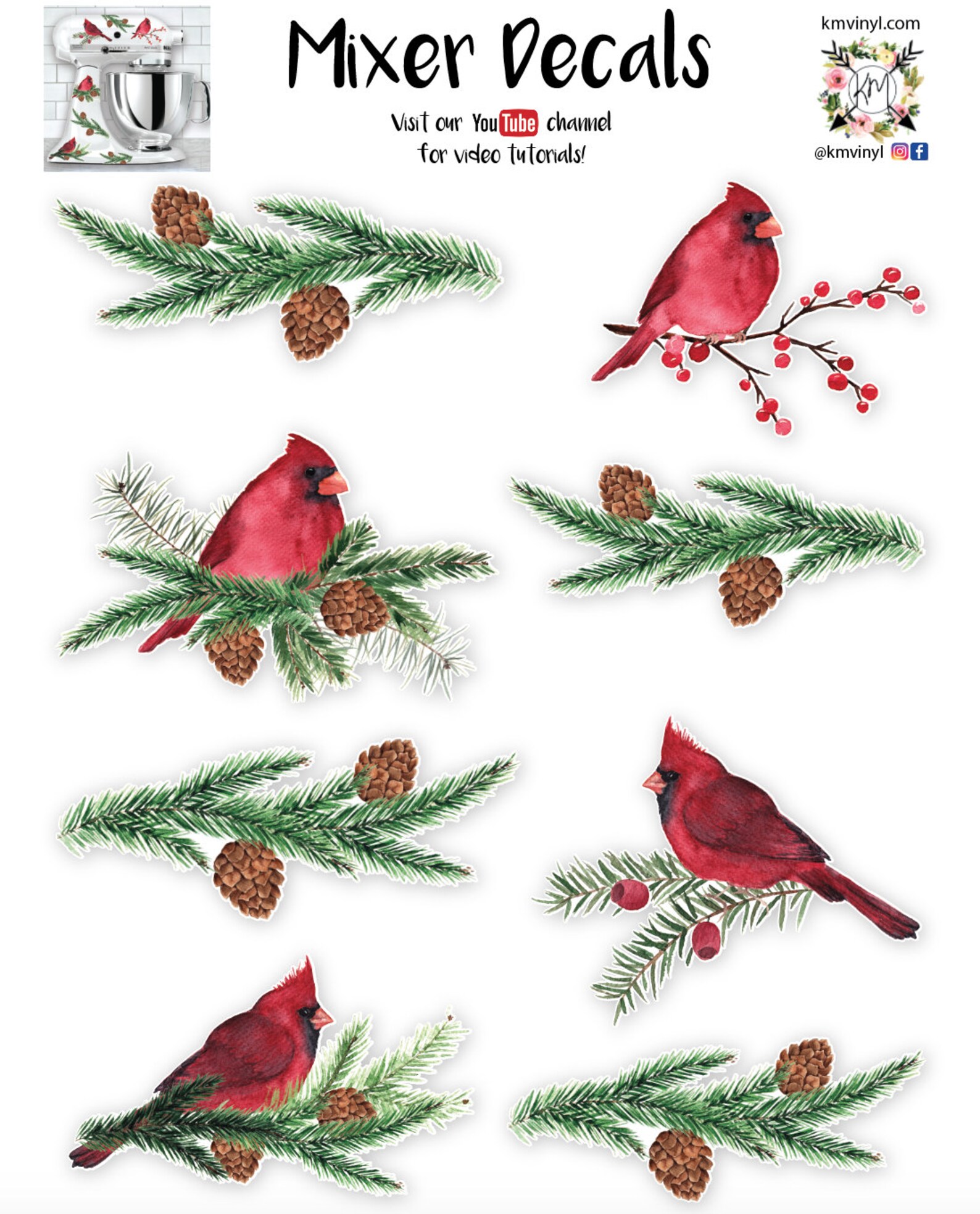 Cardinal Mixer Decals | Watercolor Bird Decals | Red Bird Decal ...
