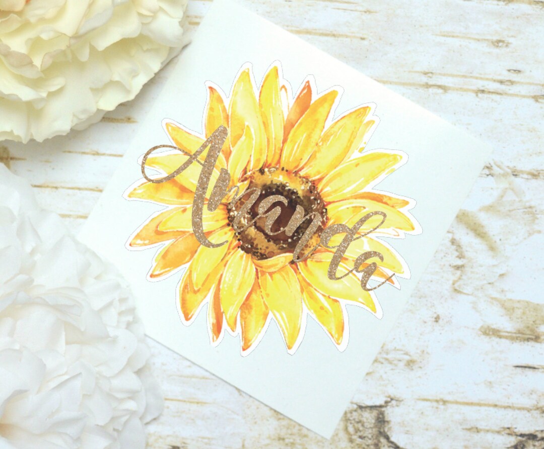 Sunflower Monogram Sticker | Vinyl Name Decal | Watercolor Floral Name ...