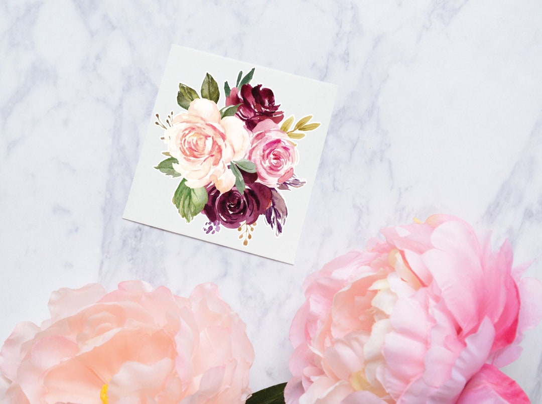 Flower Bouquet Sticker | Watercolor Floral Vinyl Sticker | Blush Maroon ...