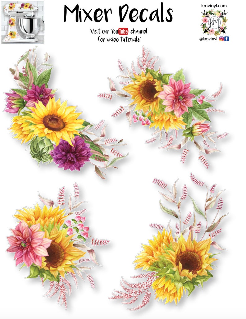 Sunflower Dahlia Mixer Decals: Watercolor Floral Kitchen Decals - Etsy
