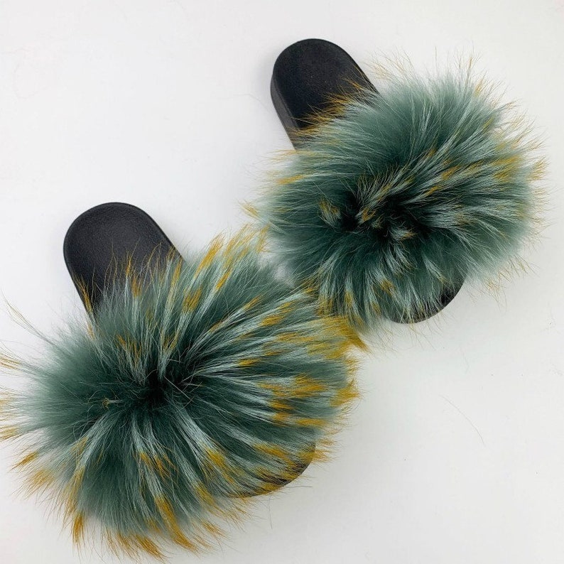 Furry Fluffy Slides Racoon Fur Slippers Sandals Fluffy Slides Etsy