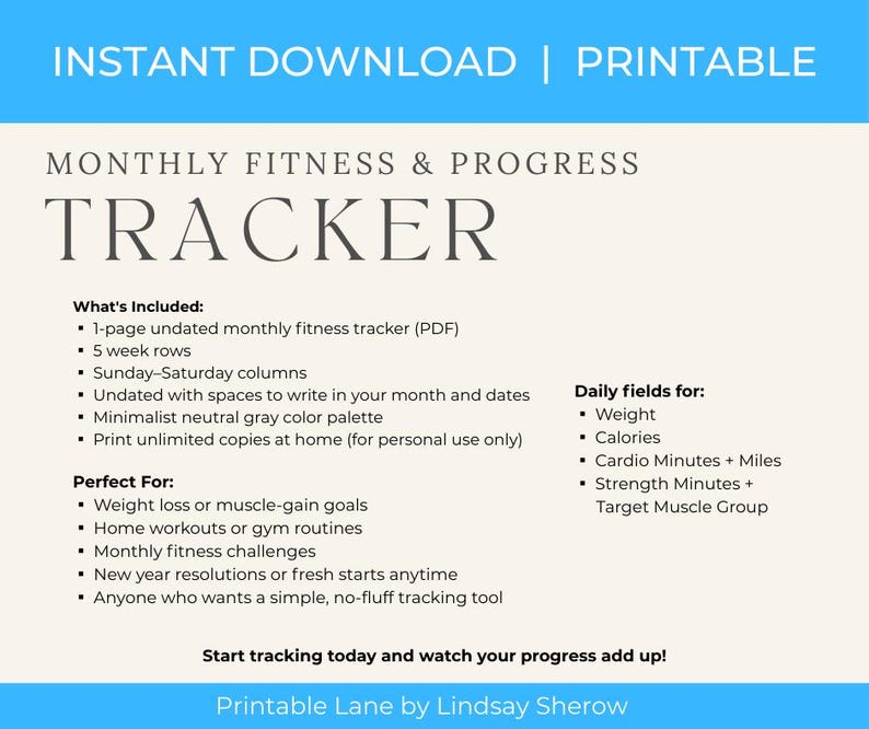 Monthly Fitness Tracker Printable, Weight Loss, Calories, Cardio, and ...