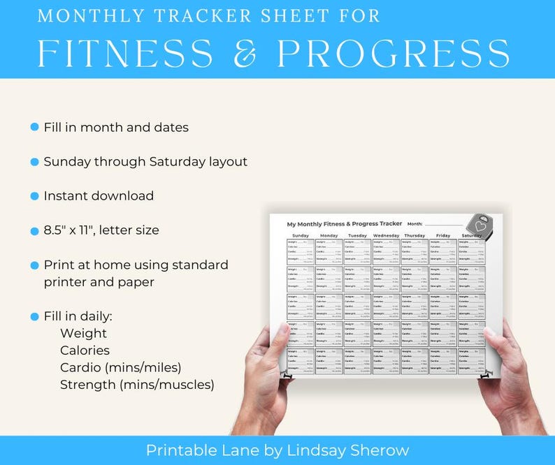 Monthly Fitness Tracker Printable, Weight Loss, Calories, Cardio, and ...
