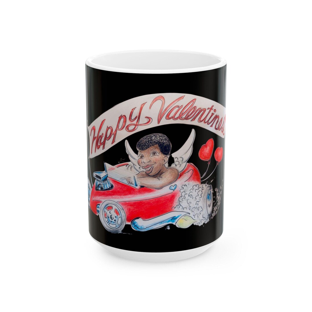 Valentine Cupid Driving Red Car Mug- Hand Drawn | Valentine Heart ...