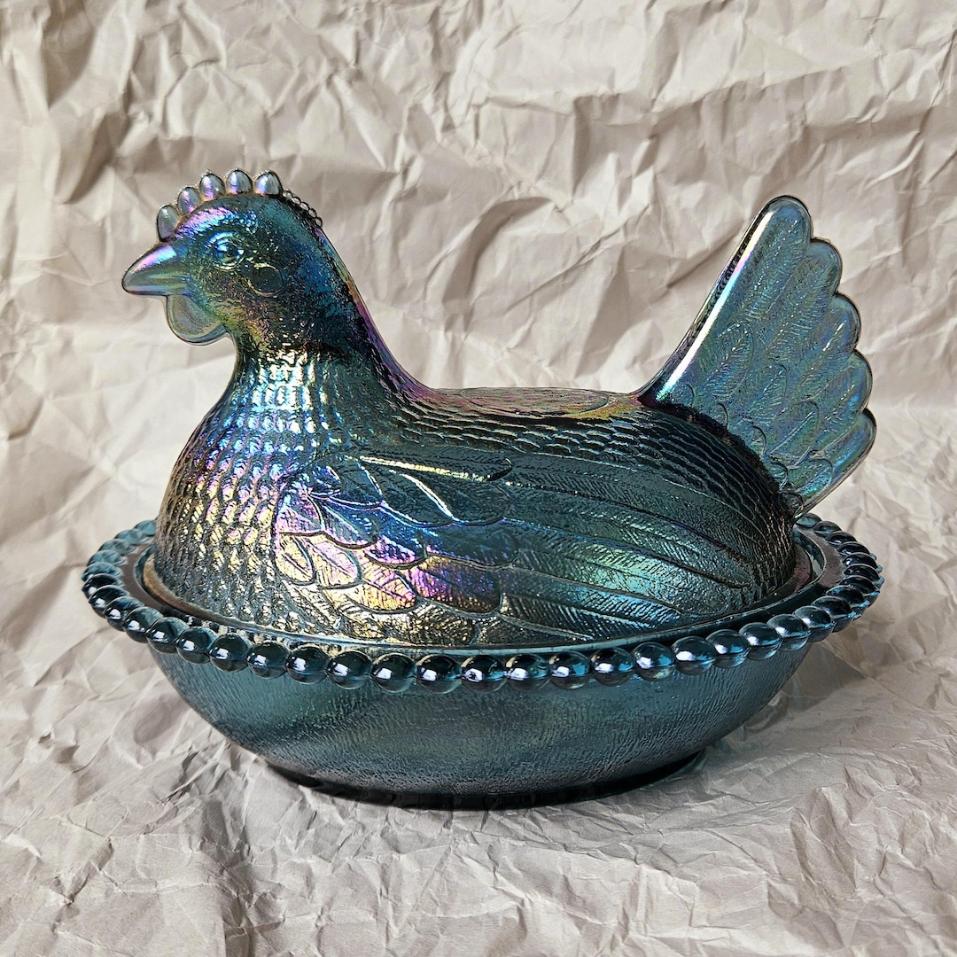 Indiana Glass Hen on Nest, Stippled With Beads, Carnival Blue ...