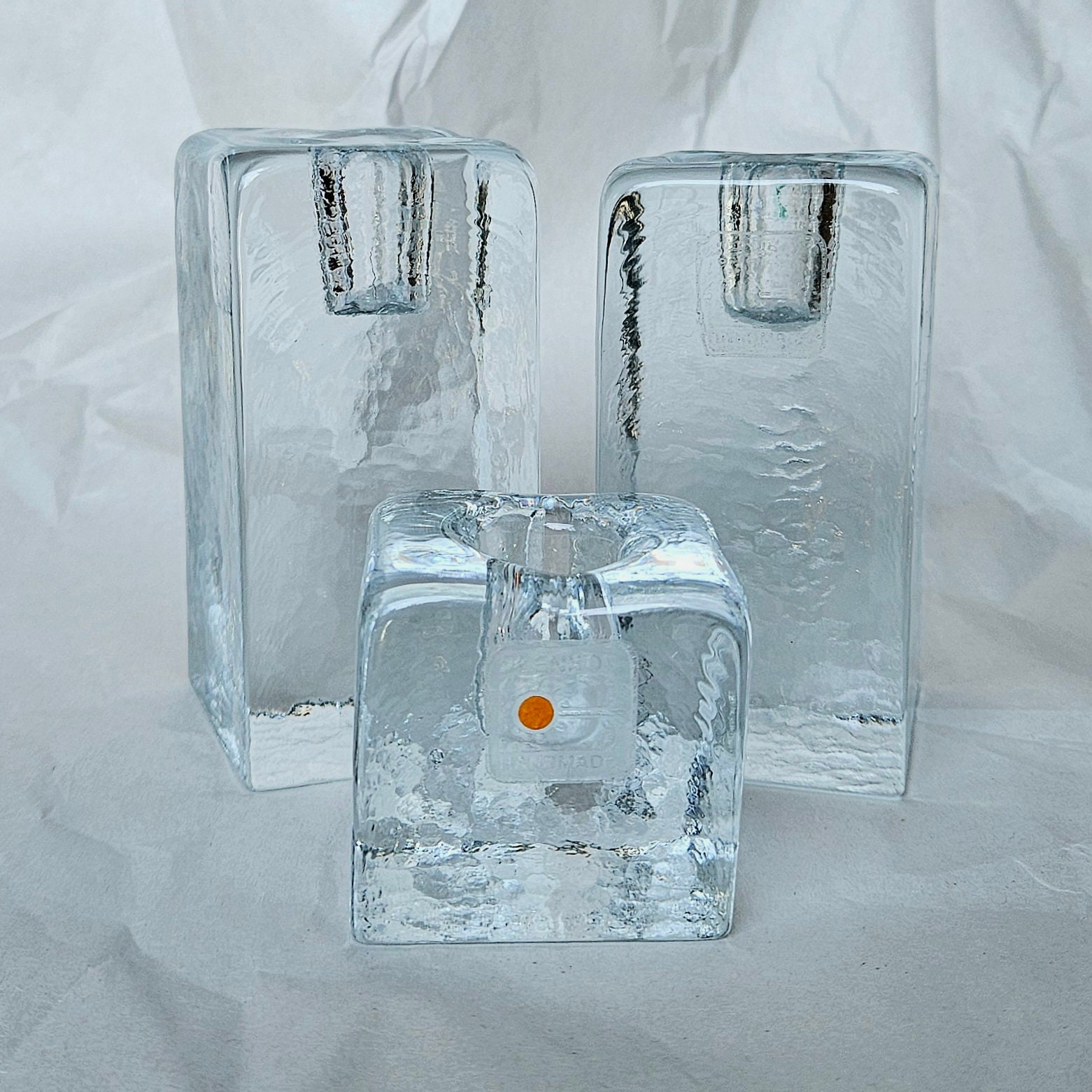 Blenko Ice Cube Candlesticks, Matched Pair, Plus A Shorty three Total ...