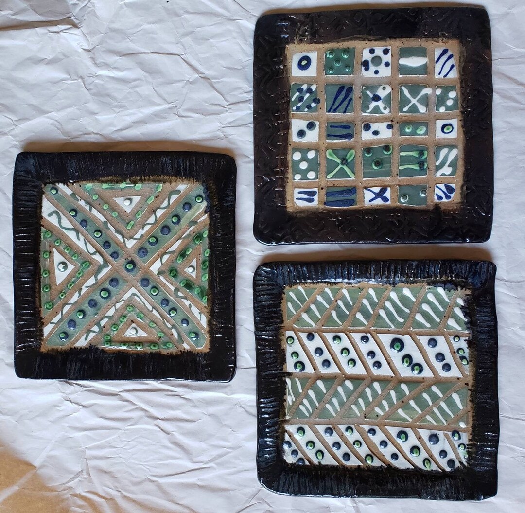 Studio Pottery Snack Plates, Mosaic Tile Design, Set of 3 - Etsy
