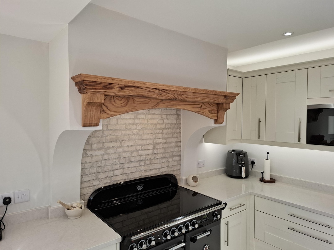 Hand Crafted Oak Over Range Shelf: Rustic Fireplace Mantel With Corbels ...