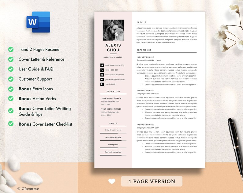 Professional Resume / CV Template for Word (US Letter and A4) 1 & 2 ...
