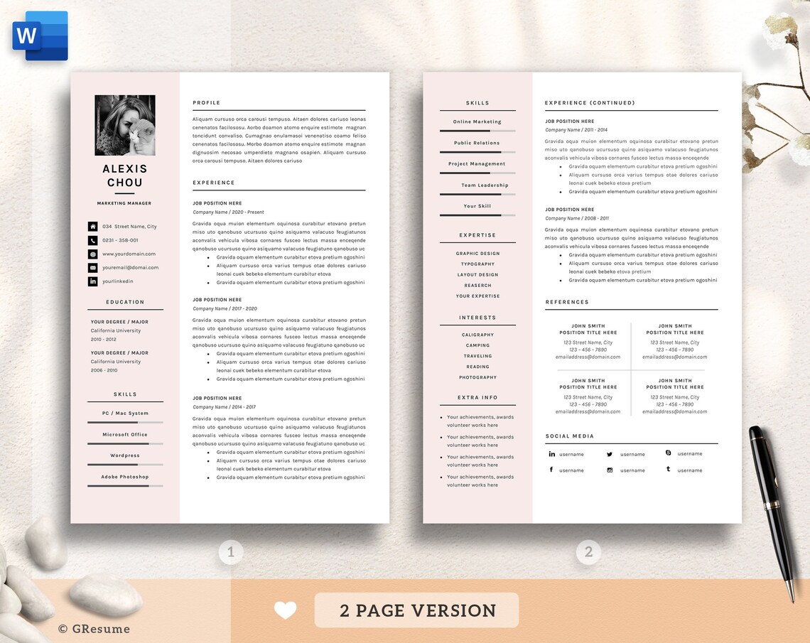 Professional Resume / CV Template for Word US Letter and A4 - Etsy