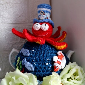 Nautical Tea Cover for Small Teapot, Crochet Tea Cozy, Red Octopus ...