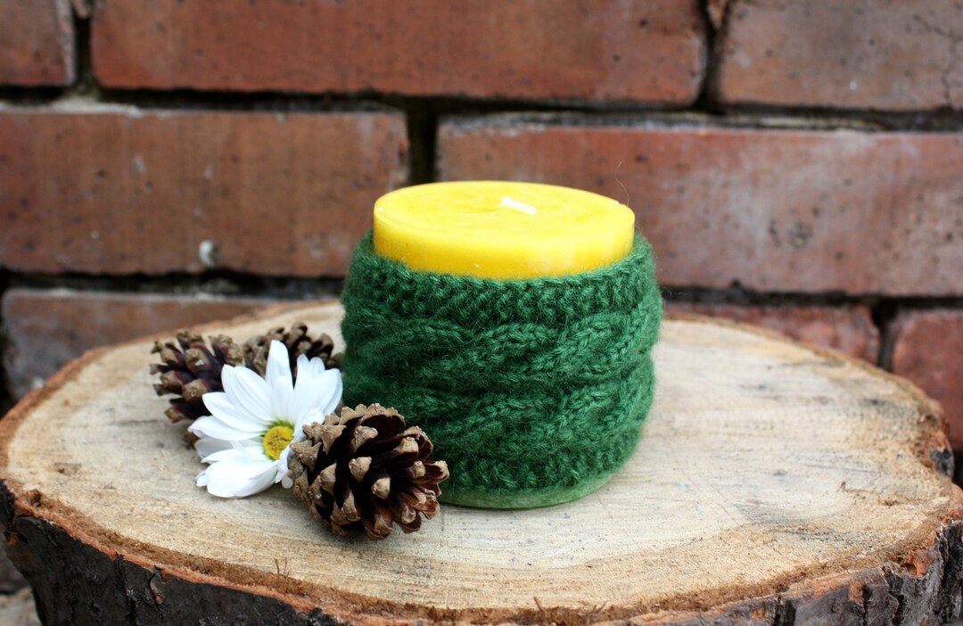 Knit Candle Cozy With Candle, Knitted Candle Holder, Green Candle ...