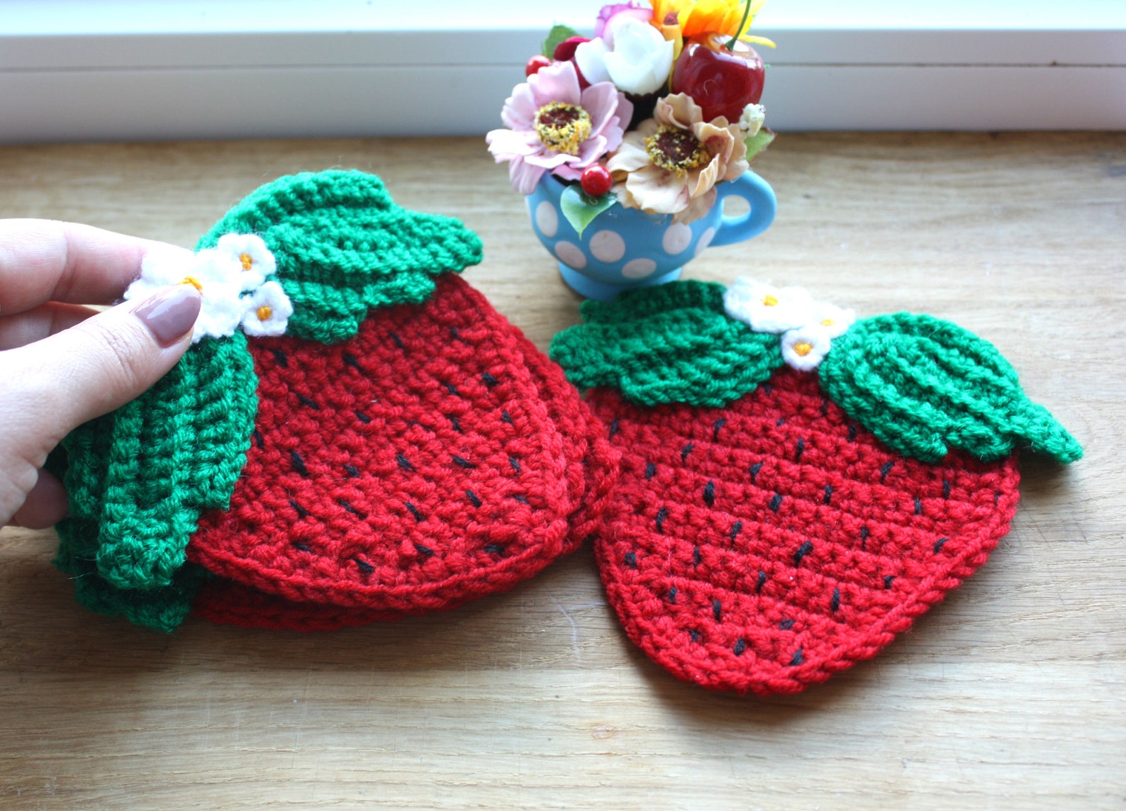 Crochet Strawberry Coasters Set of 4 Drink Coasters - Etsy