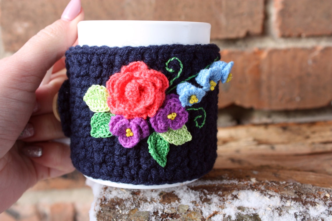 Mug Cosy With Flowers Crochet Mag Warmer Cup Cozy Mug in | Etsy