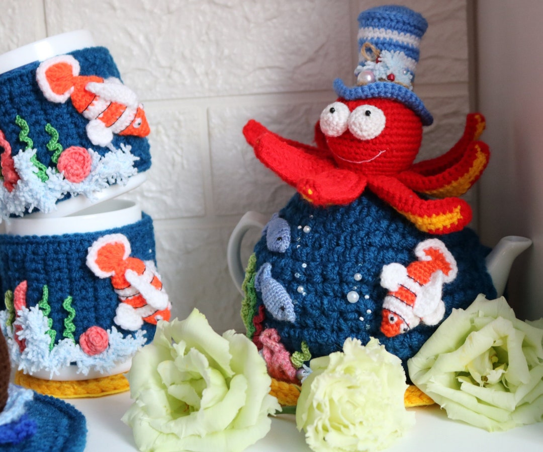 Nautical Tea Cover for Small Teapot, Crochet Tea Cozy, Red Octopus ...