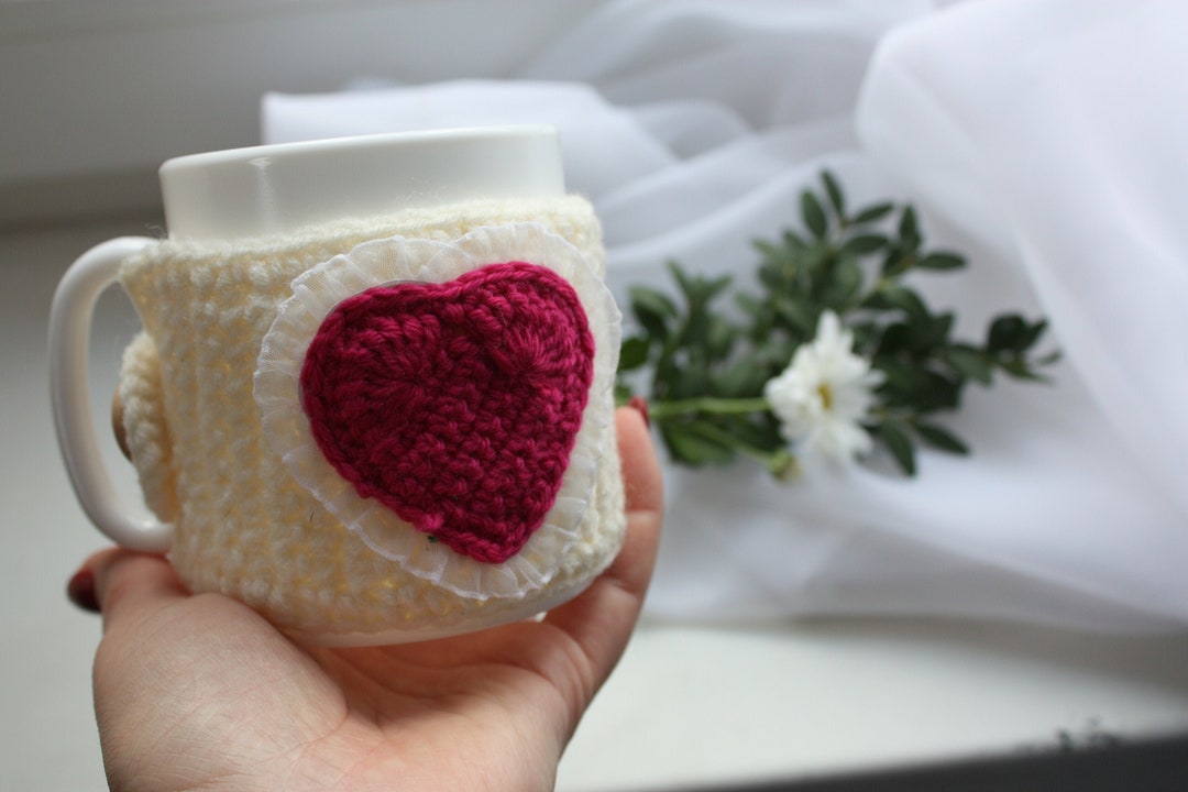 Mug Cover With Heart, Beige Mug Cosy, Crochet Cup Warmer, Coffee Cup ...